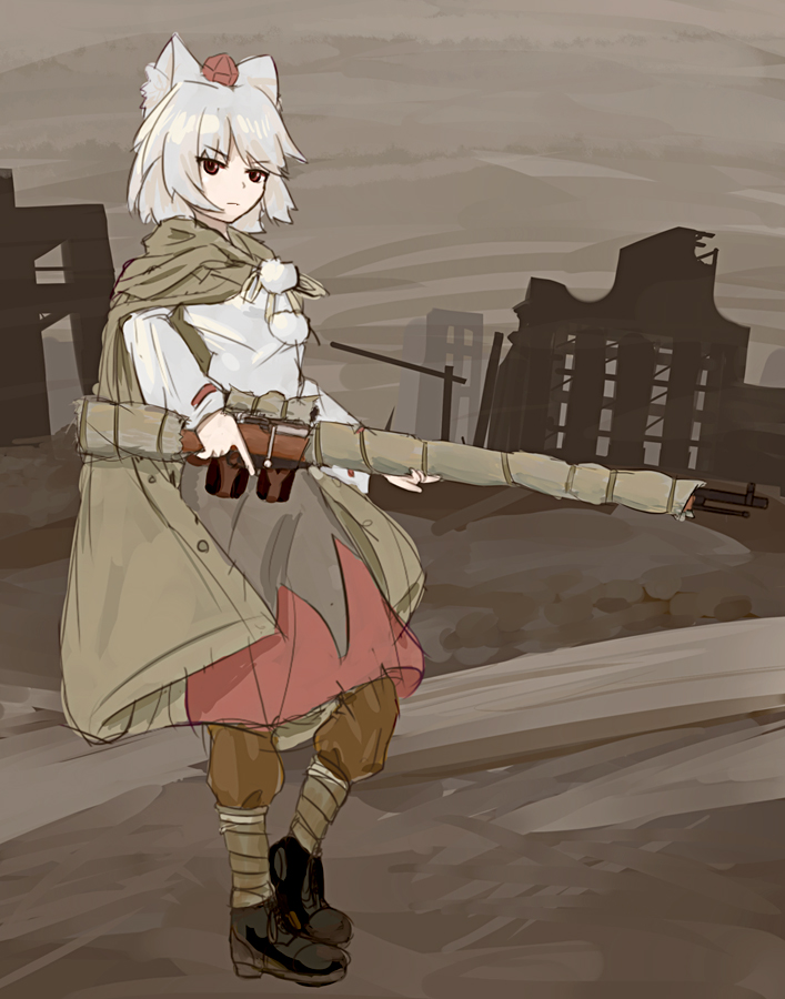 Safebooru - 1girl animal ears bolt-action bolt action boots cloak gun hat inubashiri momiji ...