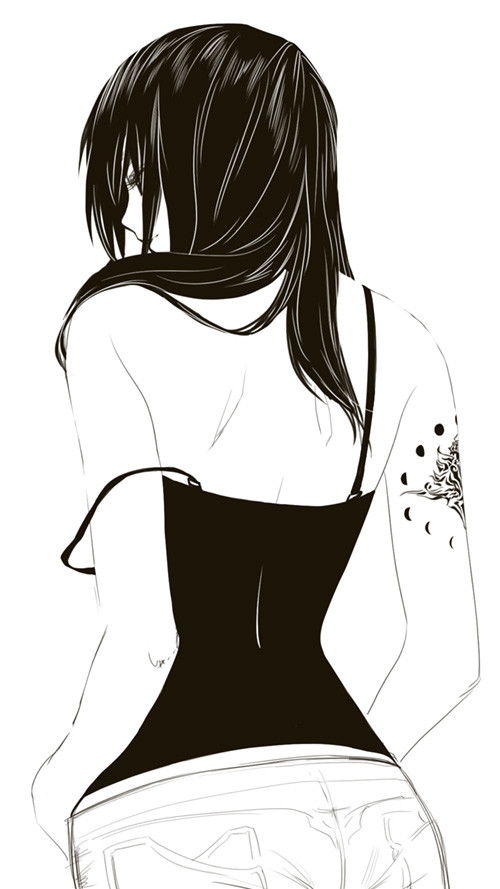 Safebooru - 1girl back bangs black hair camisole from behind hair over eyes hair over shoulder ...