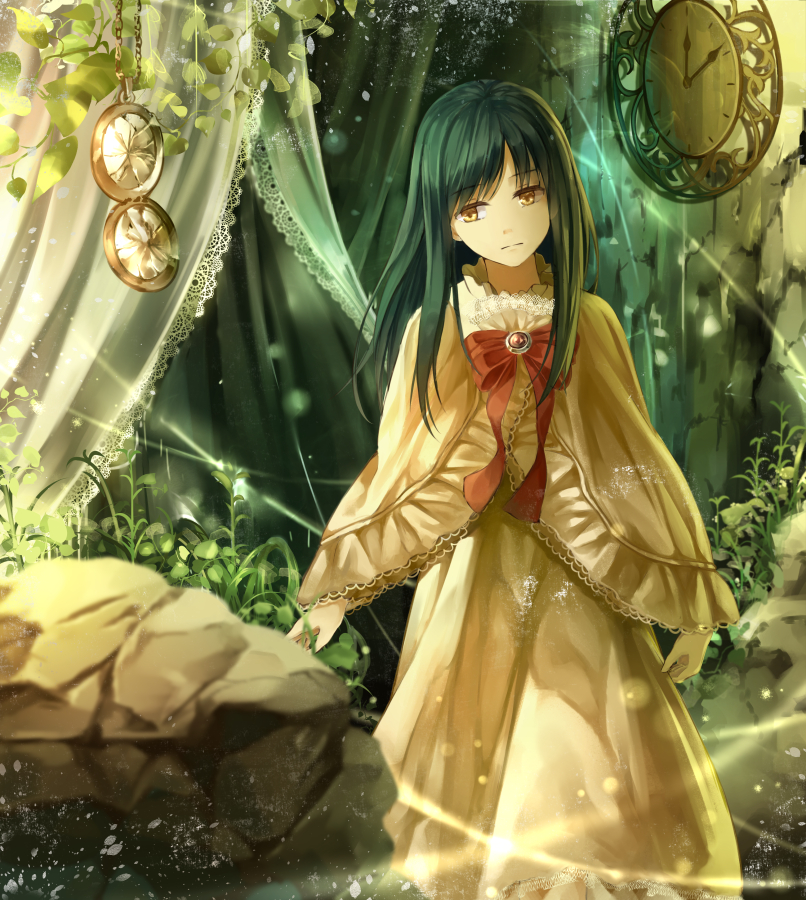 Safebooru 1girl Black Hair Brown Eyes Clock Long Hair Original Solo 5124