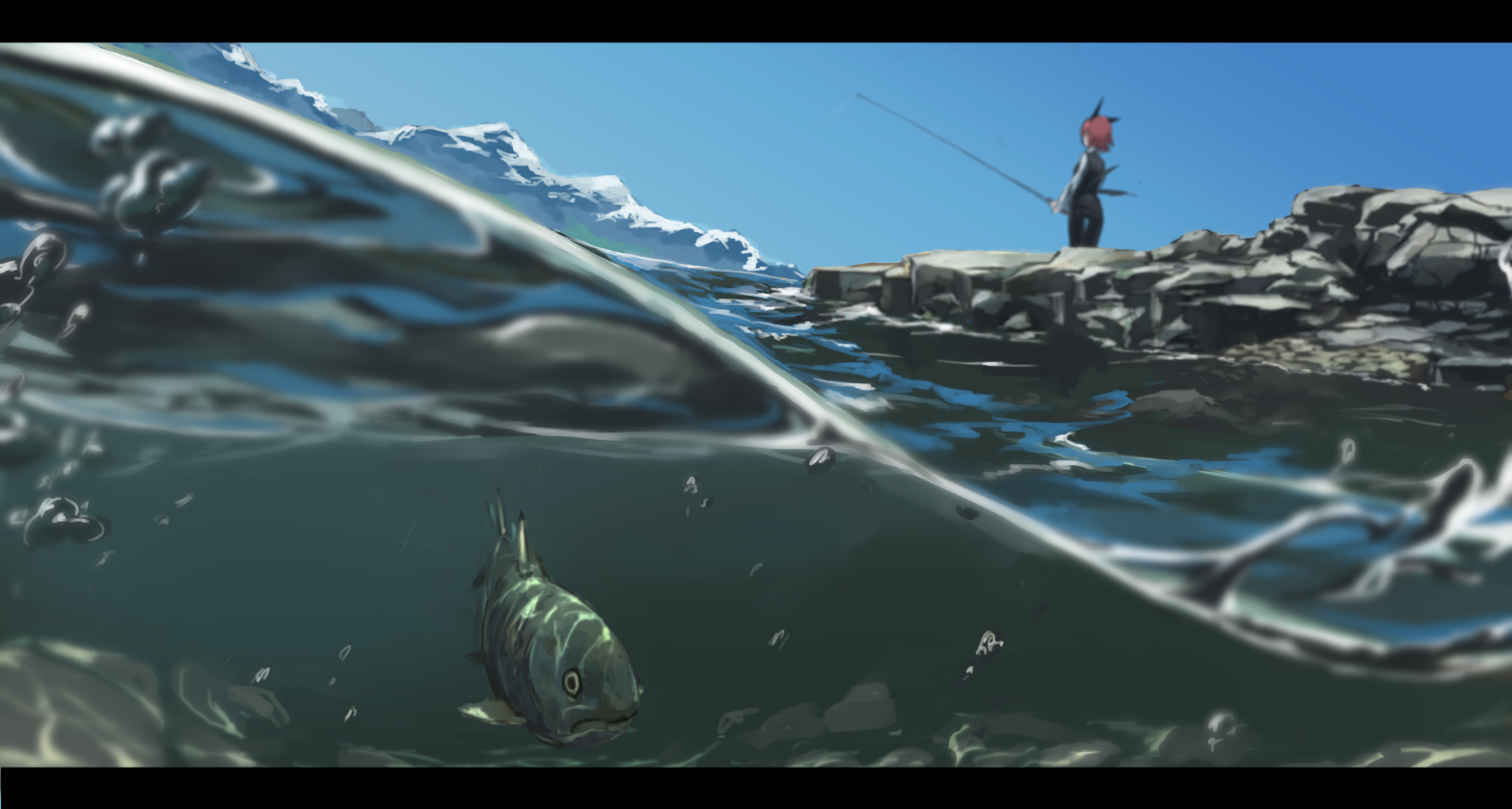 Safebooru - 1girl bubble cacao choco mame fish fishing fishing rod from ...