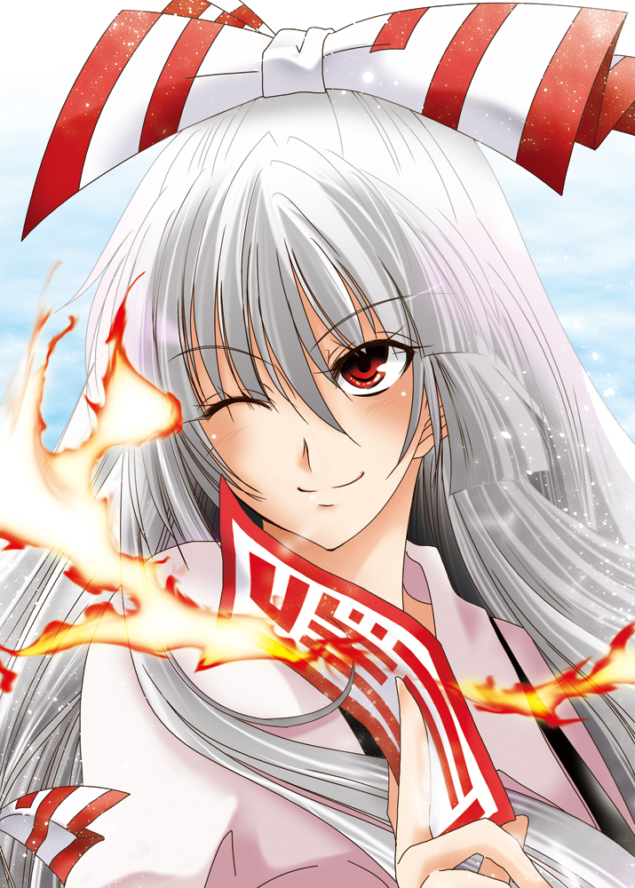 Safebooru - 1girl ;) between fingers fire flame fujiwara no mokou hair ...