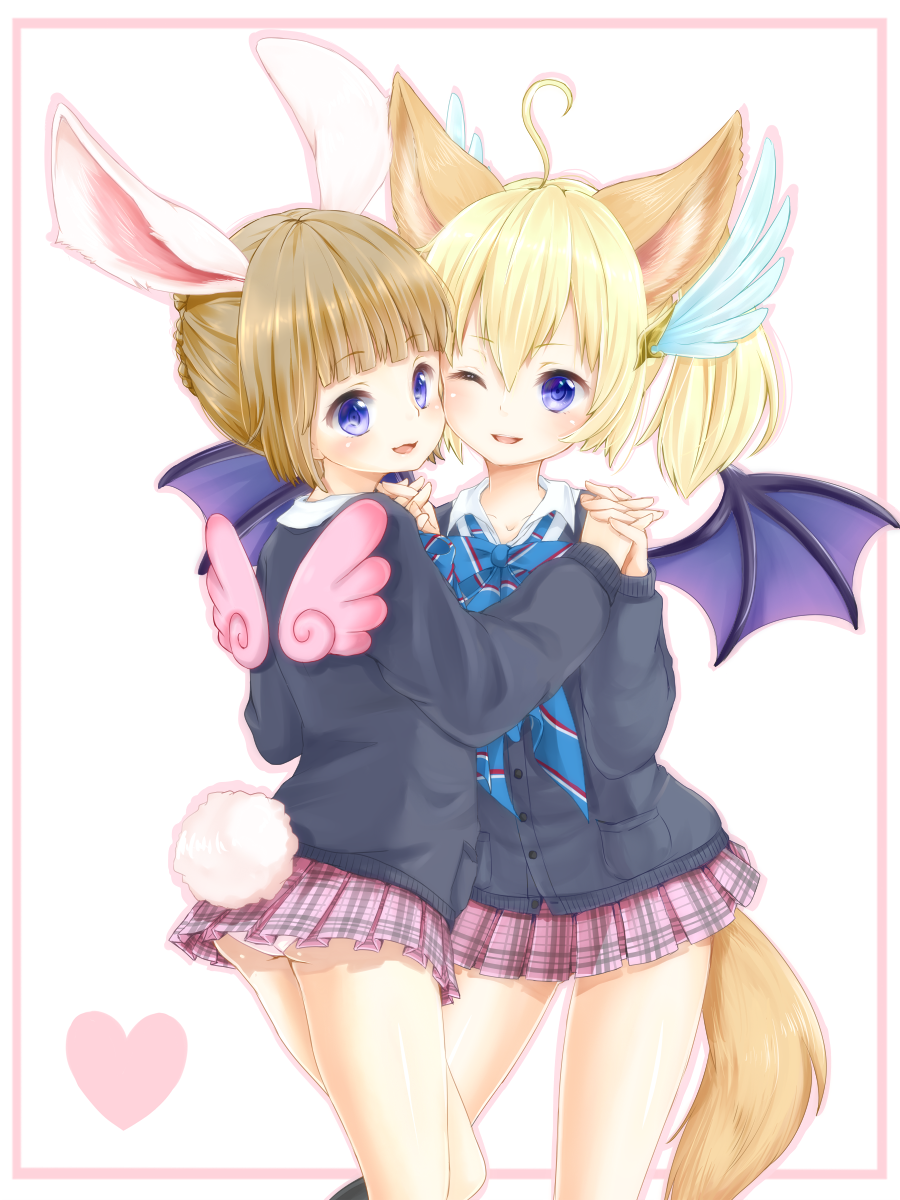 Safebooru - 2girls ahoge angel wings animal ears ass bat wings blonde hair blue eyes brown hair ...