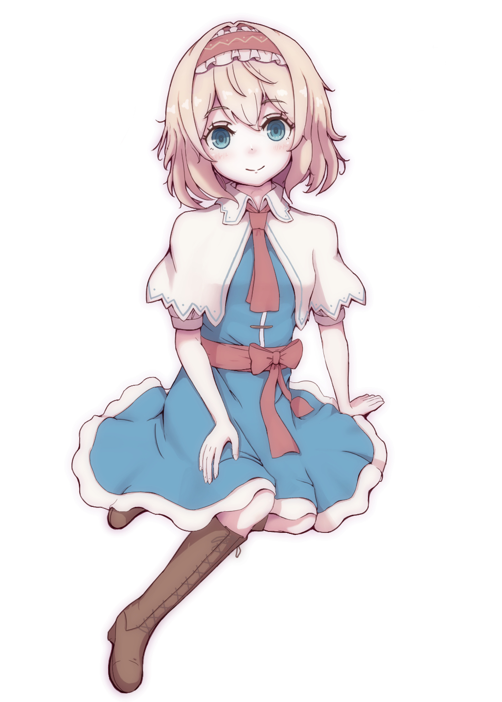 Safebooru - 1girl alice margatroid arm support blonde hair blue eyes boots capelet cross-laced ...