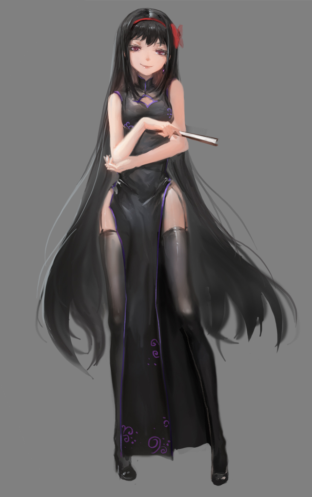 Safebooru - 1girl akemi homura akuma homura black hair black legwear blackrabbitsoul china dress ...