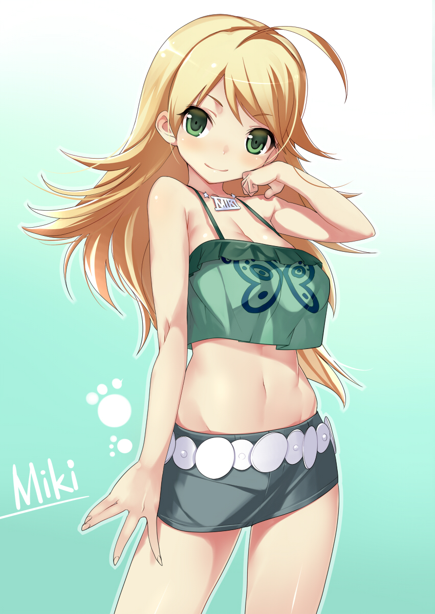 Safebooru - 1girl ahoge blonde hair breasts character name cleavage green eyes highres hoshii ...