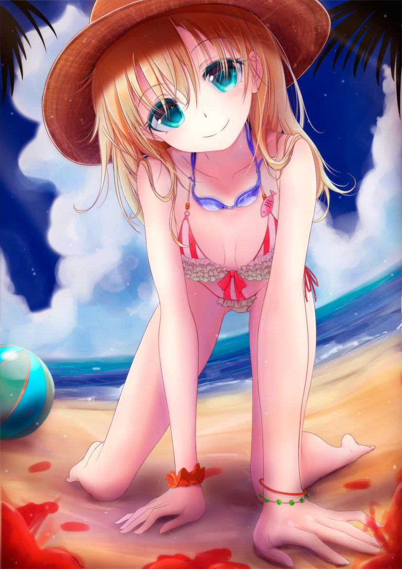 Safebooru - 1girl all fours ball barefoot beach beachball bikini blonde hair bracelet breasts ...