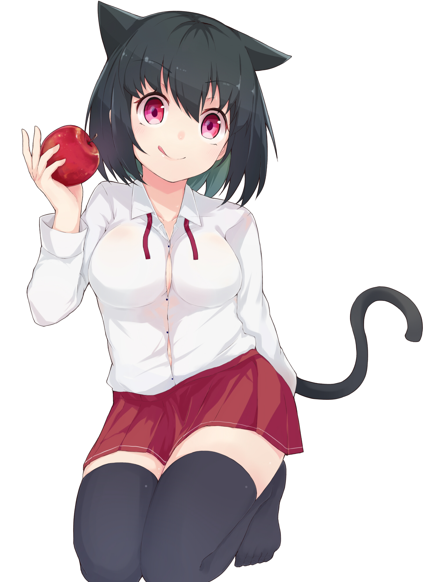 Safebooru - 1girl :q animal ears apple black hair black legwear breasts cat ears cat tail ...