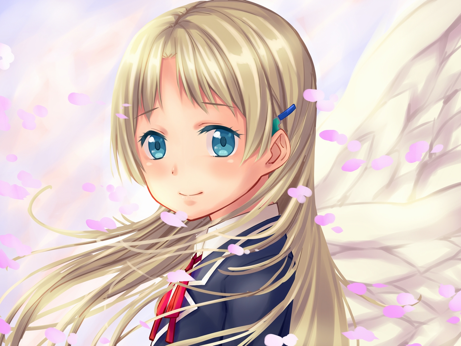 Safebooru - 1girl alternate hairstyle angel wings arios (orochi yuta) blonde hair blue eyes ...