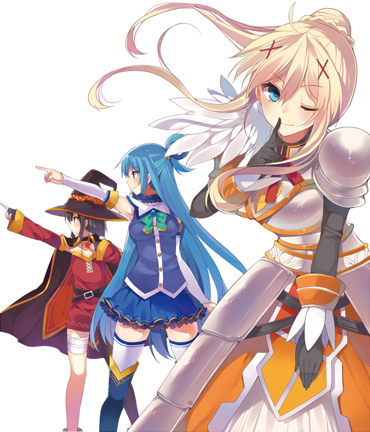 Safebooru - 3girls aqua (konosuba) armor armored dress bandages blue eyes blue hair braid brown ...