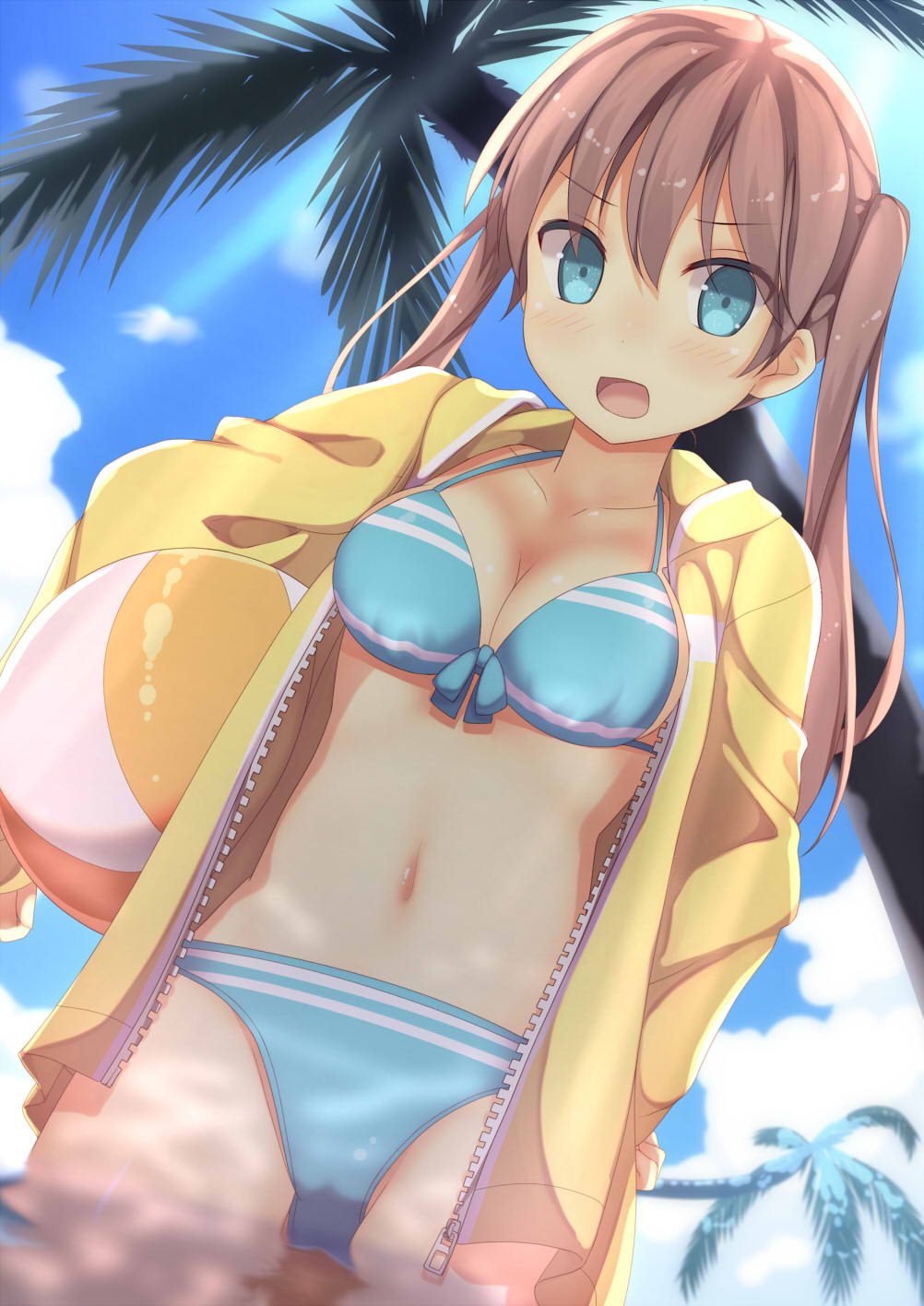Safebooru - 1girl ball beach beachball bikini blue eyes blush breasts brown hair cleavage clouds ...