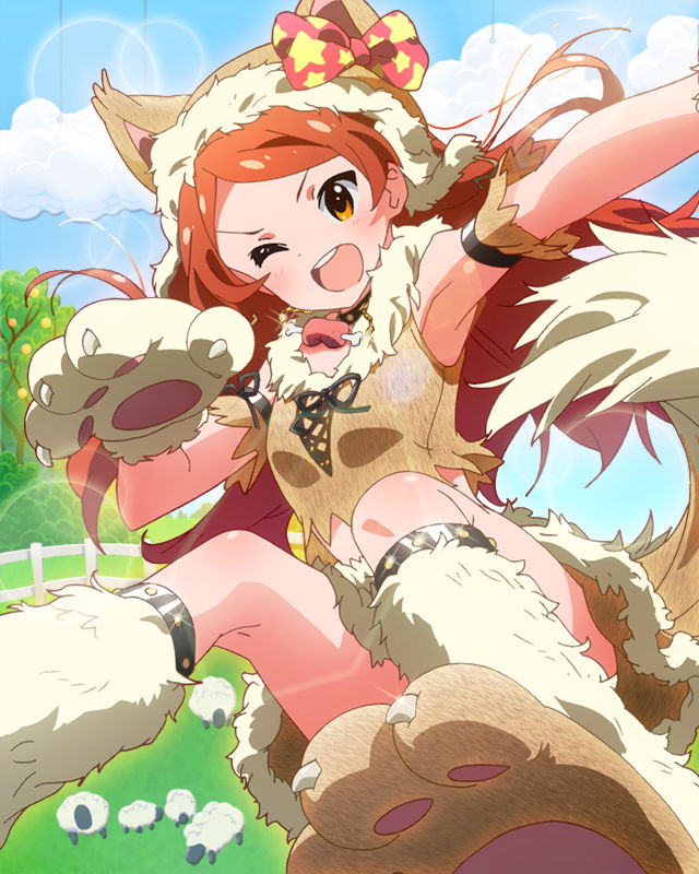 Safebooru - 1girl ;d animal ears animal hood artist request brown eyes brown hair cat ears cat ...