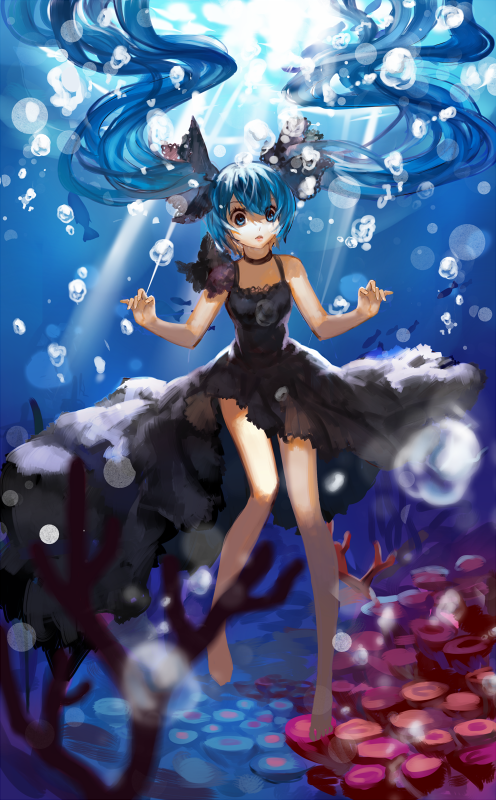 Safebooru - 1girl blue eyes blue hair bubble choker dress floating hair hatsune miku linghetuen ...