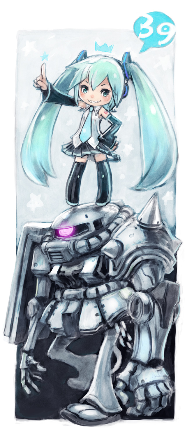 Safebooru - 1girl aqua eyes aqua hair chibi gundam hand on hip hatsune miku highres long hair ...