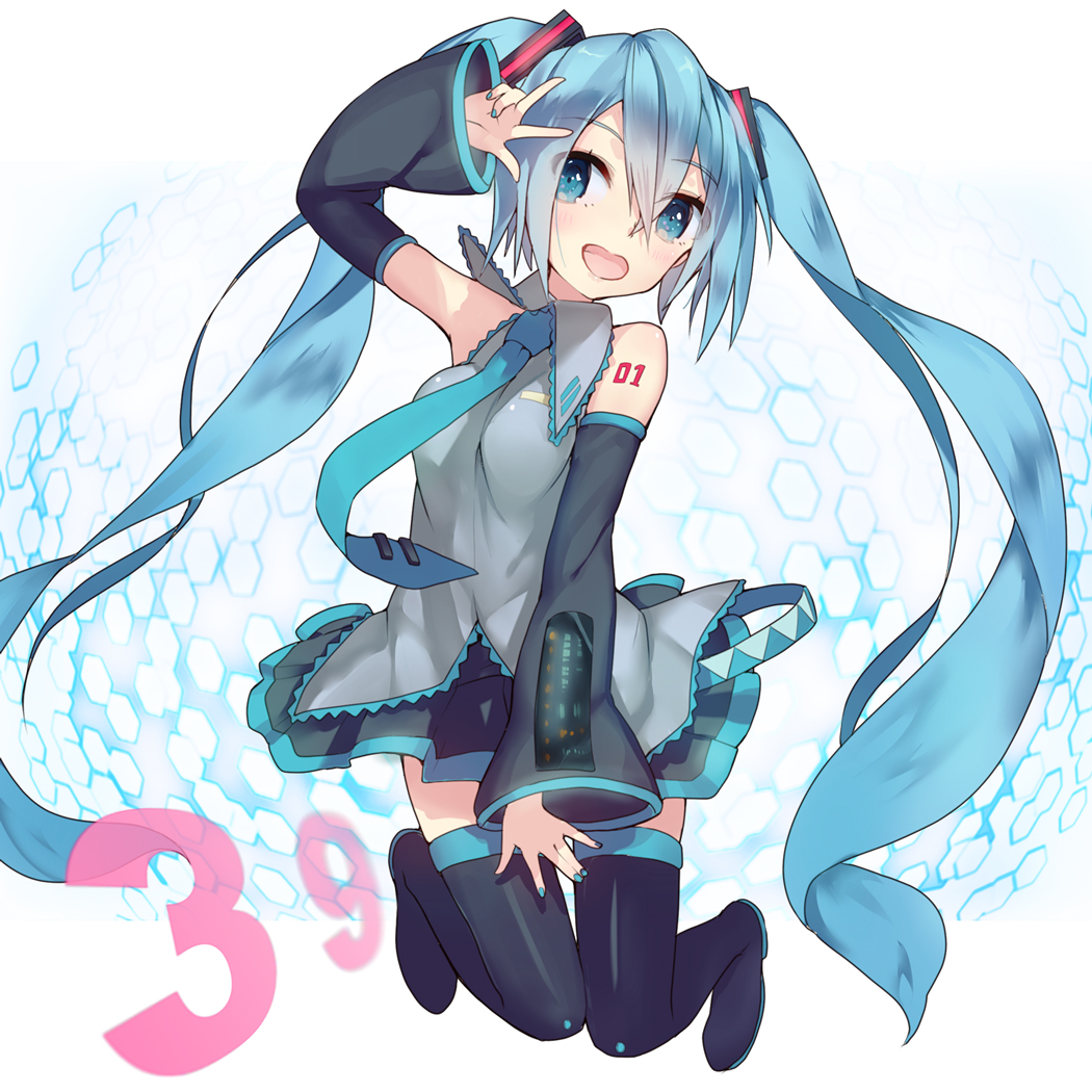 Safebooru - 1girl 39 aqua eyes aqua hair boots detached sleeves hatsune miku jumping long hair ...
