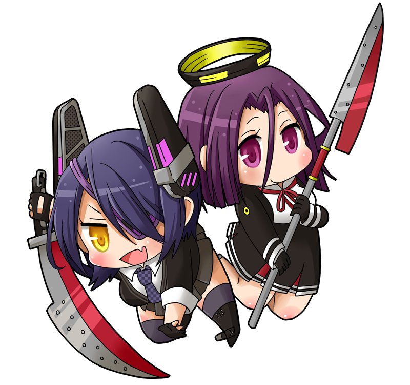 Safebooru - 2girls checkered necktie chibi eyepatch fang fingerless ...