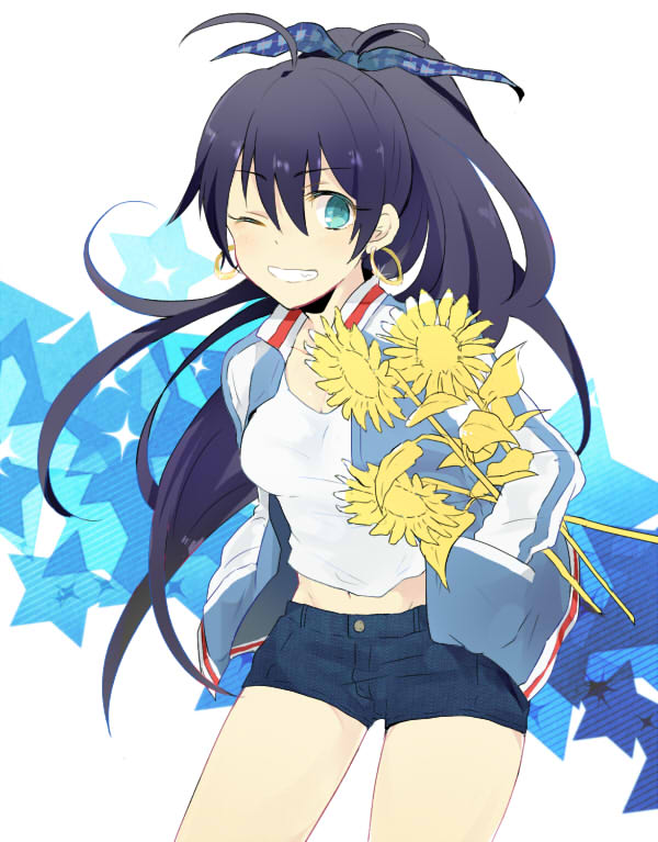 Safebooru - black hair blue eyes earrings flower ganaha hibiki grin idolmaster jacket jewelry ...