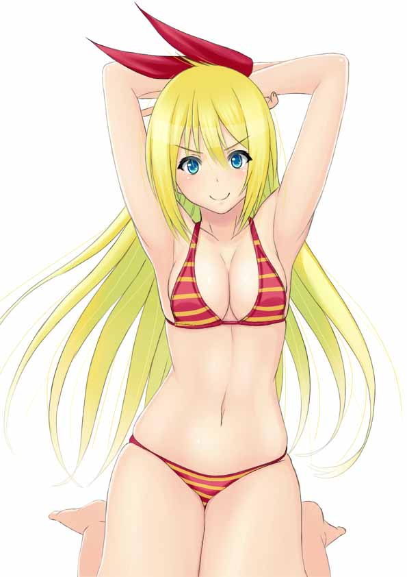 Safebooru - 1girl armpits arms behind head arms up bikini blush hair ribbon kirisaki chitoge ...
