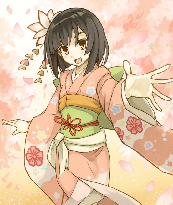 Safebooru - 1girl bangs black hair blunt bangs blush brown eyes cherry blossoms fang floral ...