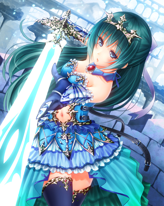 Safebooru - 1girl aqua hair armor armored dress belt black legwear blue eyes breasts brick wall ...
