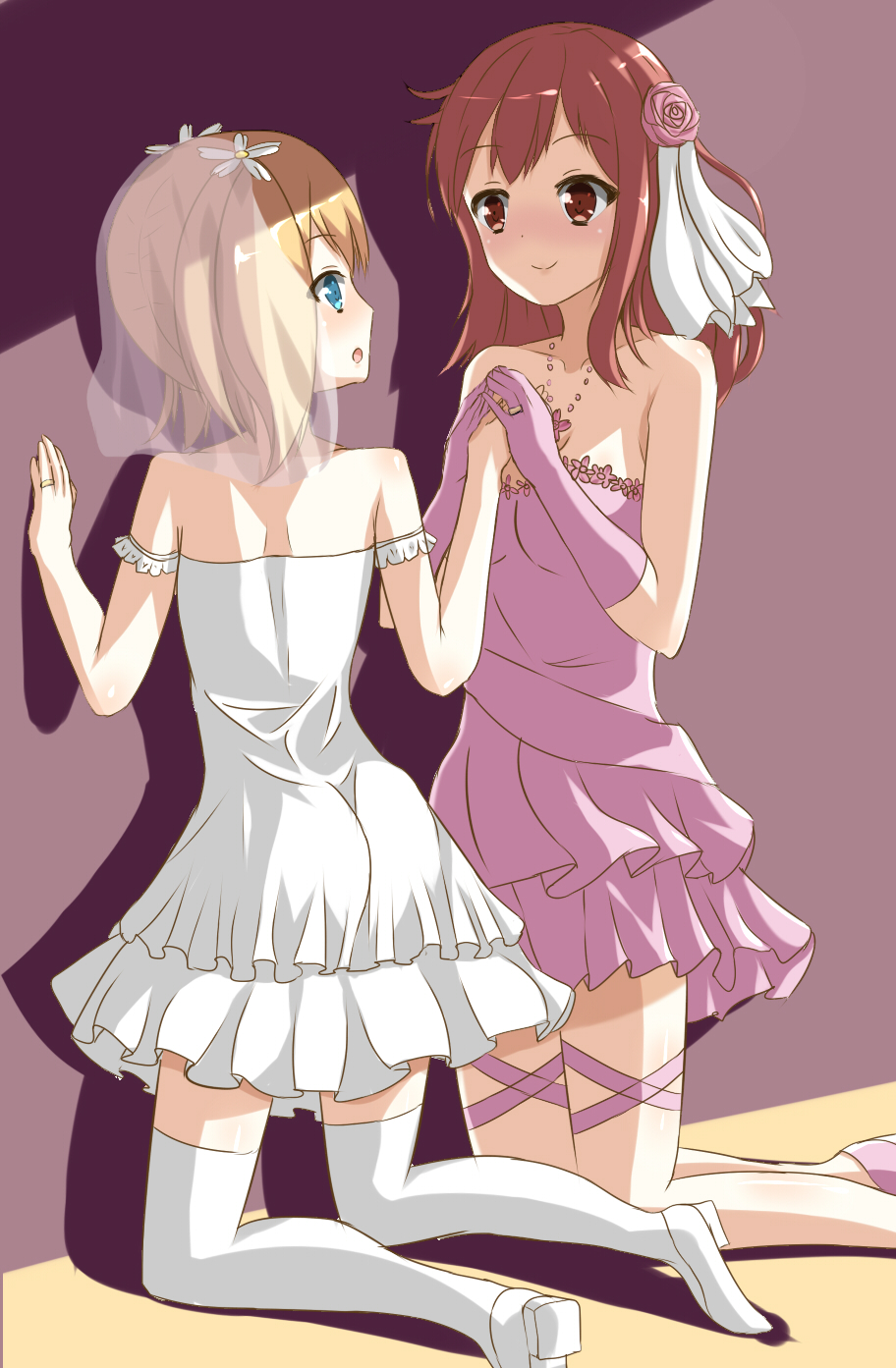 Safebooru - 2girls 9ikia bare shoulders blonde hair breasts bridal veil brown hair collarbone ...