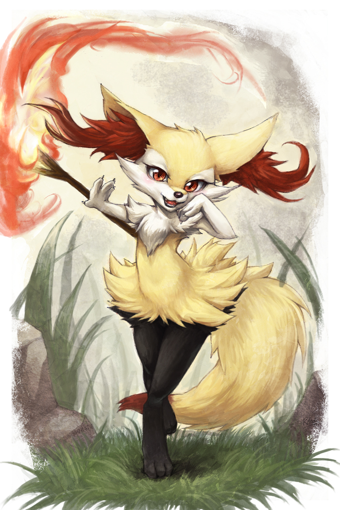 Safebooru - animal ears blush braixen fangs fire fox ears fox tail fur furry grass no humans ...