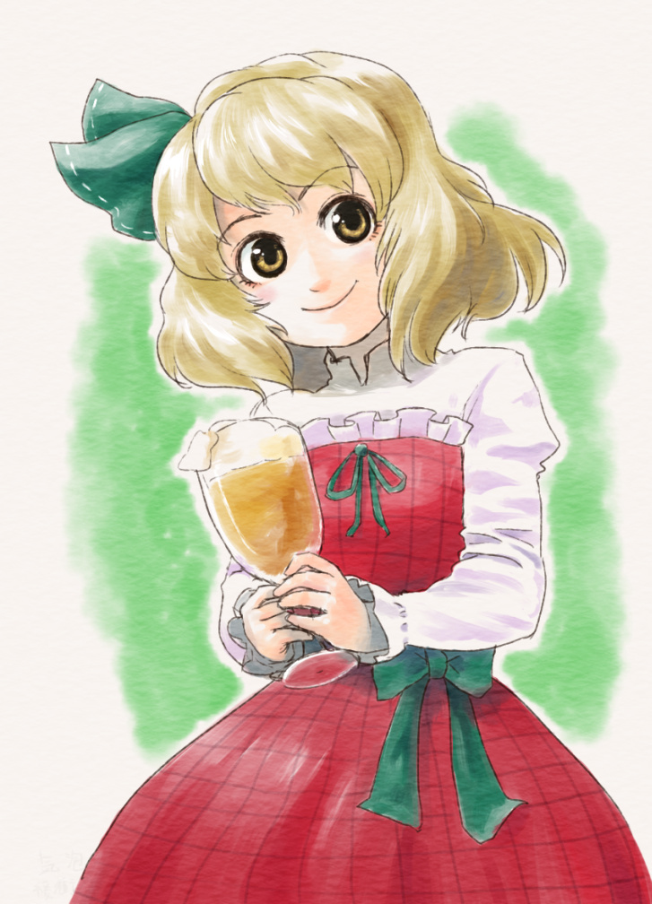 Safebooru - 1girl alcohol beer beerko blonde hair cup dress hair ...