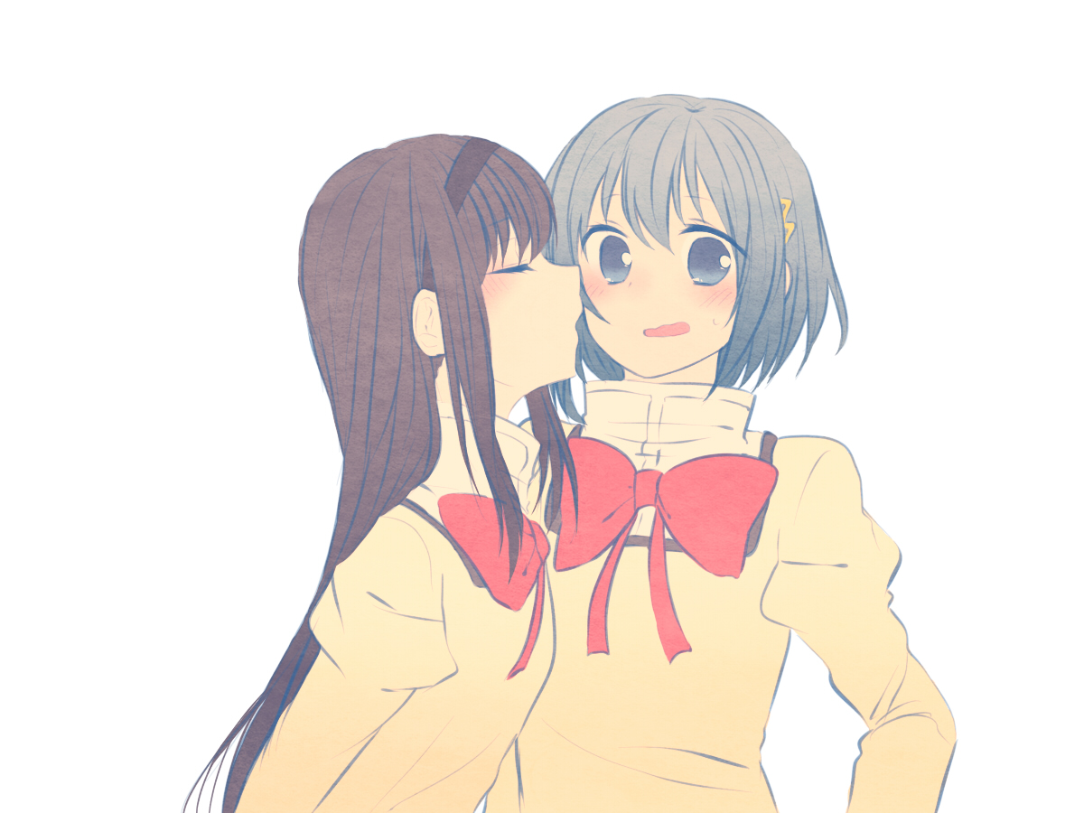 Safebooru - 2girls akemi homura black hair blue eyes blue hair blush cheek kiss hair ornament ...