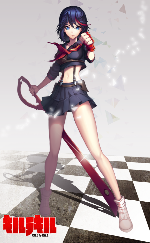 Safebooru - 1girl black hair blue eyes checkered checkered floor clenched hand fingerless gloves ...