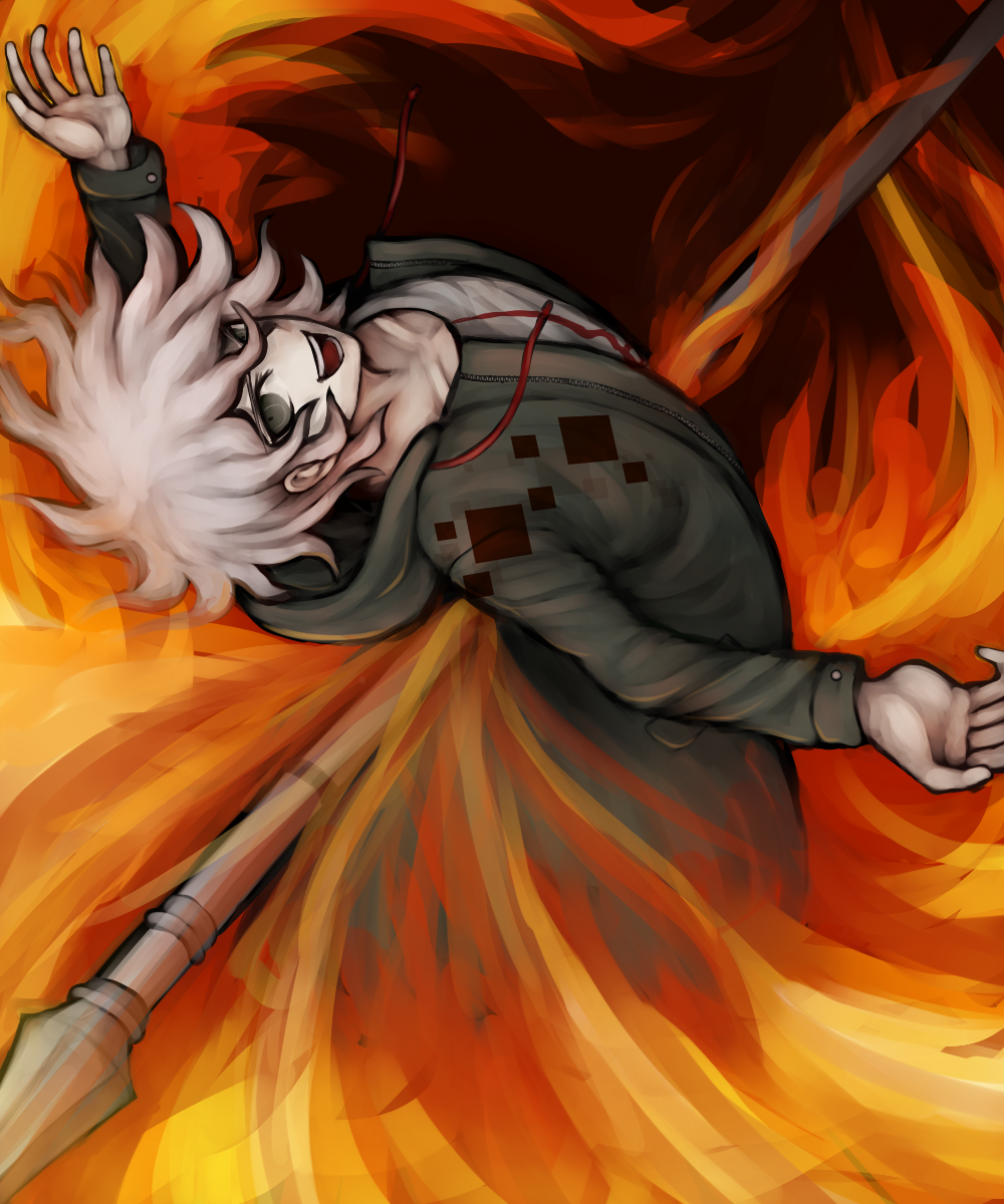 Safebooru - 1boy dangan ronpa fire grey eyes highres impaled komaeda ...