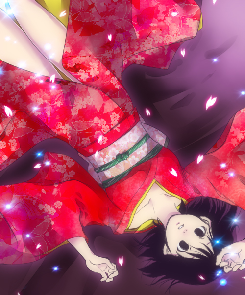 Safebooru - 1girl bare legs black eyes black hair cherry blossoms coppelion hair spread out hand ...
