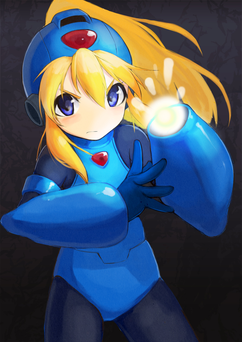Safebooru - 1girl android arm cannon black background blonde hair blue eyes bodysuit cowboy shot ...