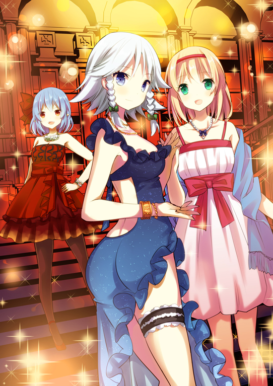Safebooru - 3girls alice margatroid alternate costume bare shoulders black legwear blonde hair ...