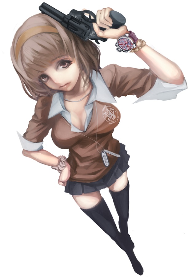 Safebooru - 1girl black legwear breasts brown eyes brown hair cleavage gun hairband looking at ...