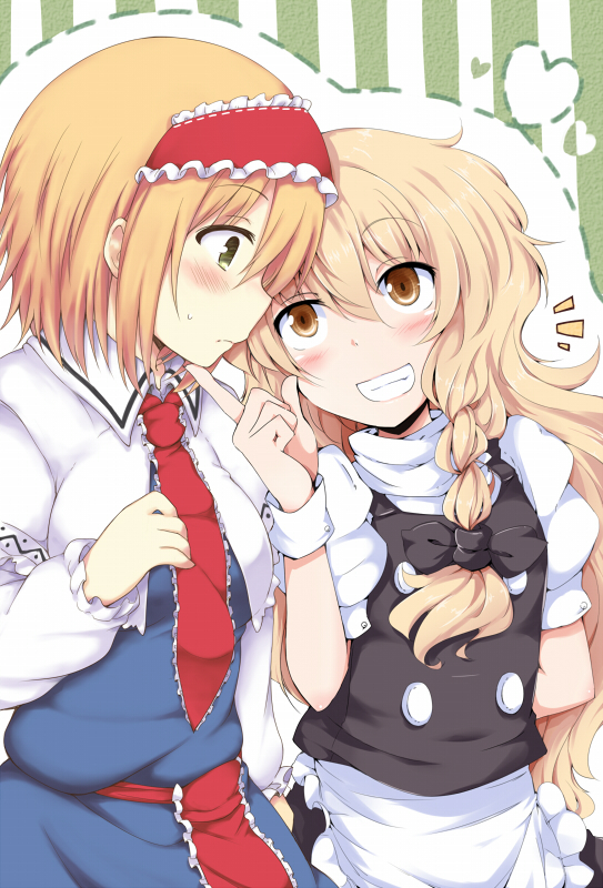 Safebooru - 2girls alice margatroid apron black dress blonde hair blue dress blush braid brown ...