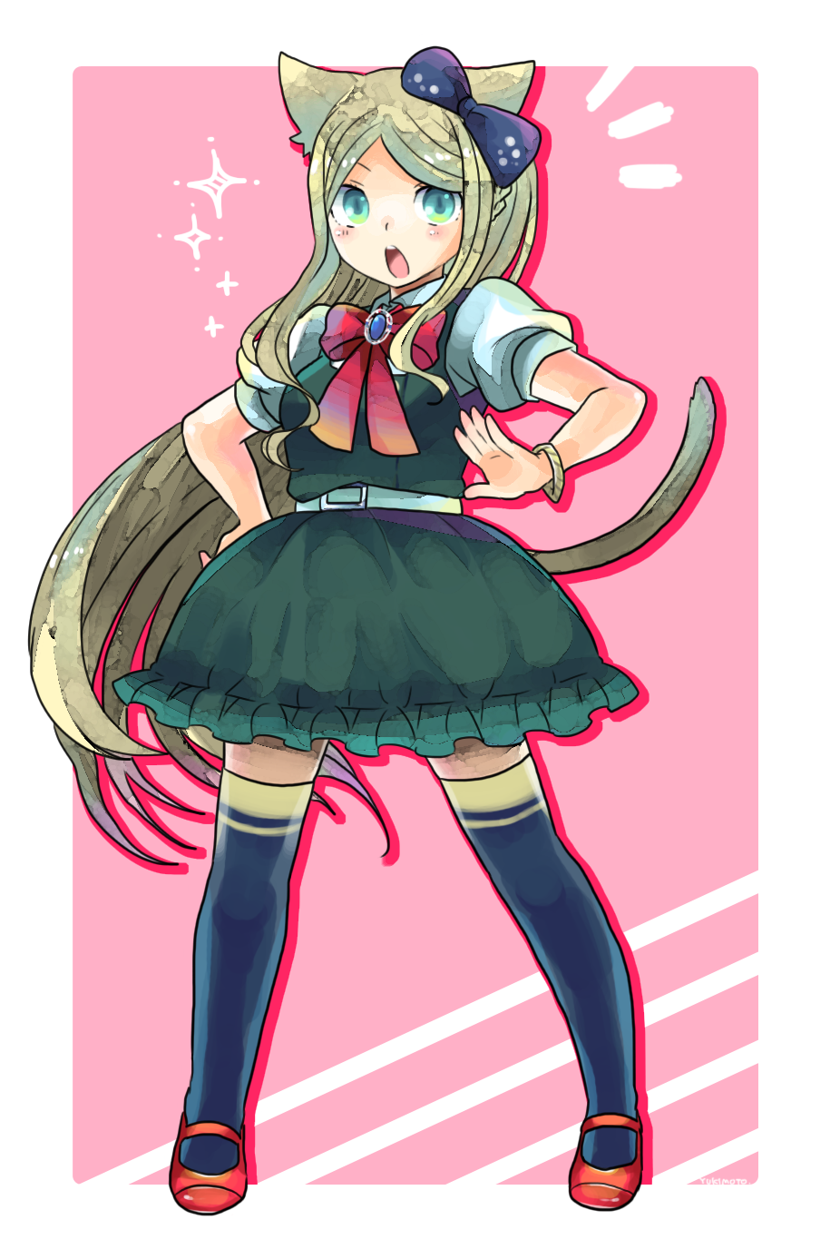 Safebooru - 1girl animal ears armband blonde hair blue eyes bow braid cat ears cat tail dangan ...