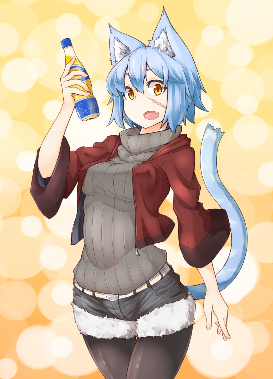 Safebooru - animal ears belt black legwear blue hair bottle cat ears ...