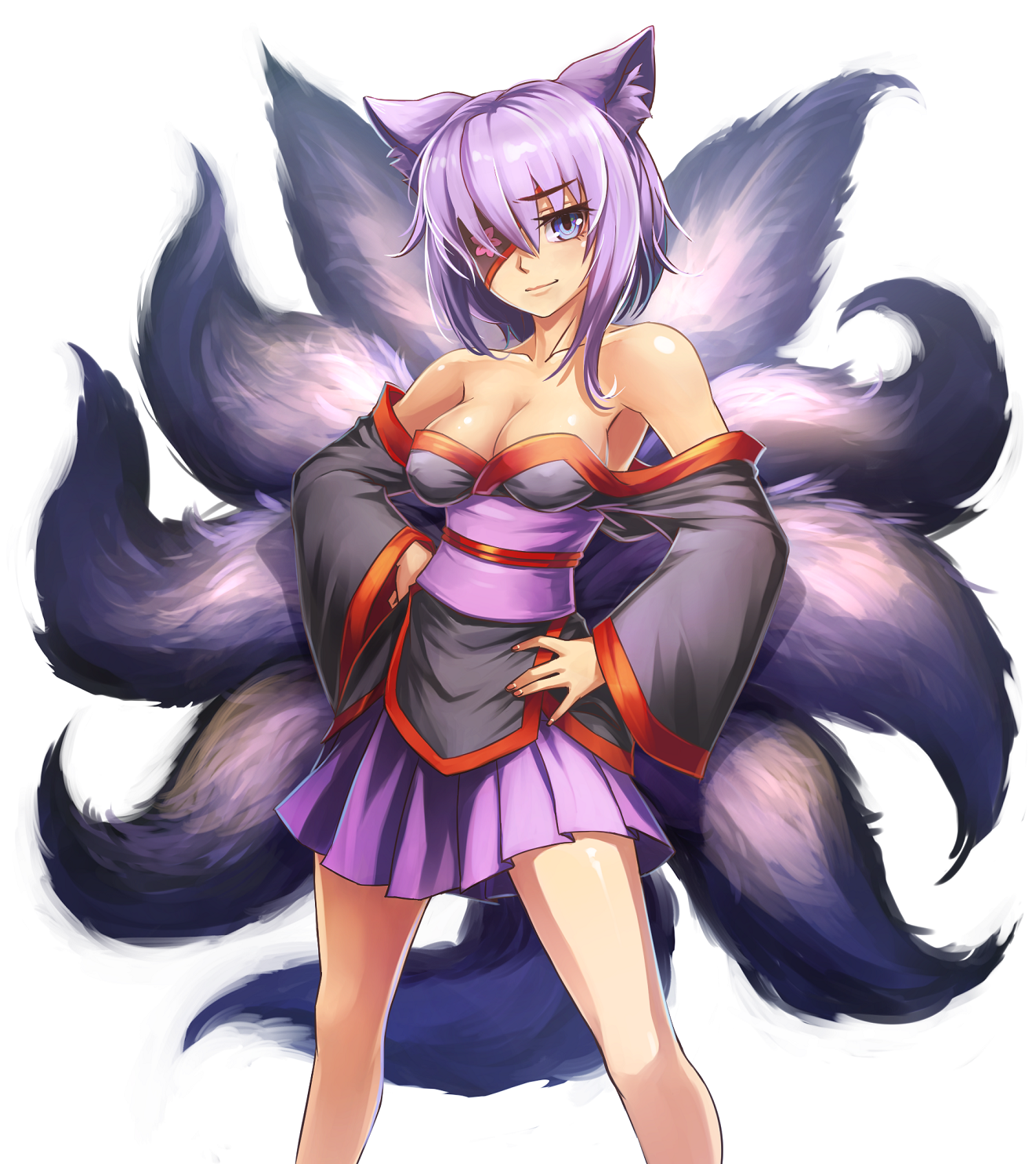 Safebooru - 1girl animal ears bare shoulders blue eyes breasts cleavage eyepatch fox ears fox ...