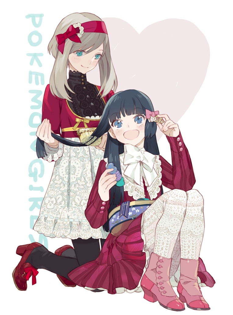 Safebooru - 2girls :d alternate costume black legwear blue eyes boots bow brown hair buttons ...