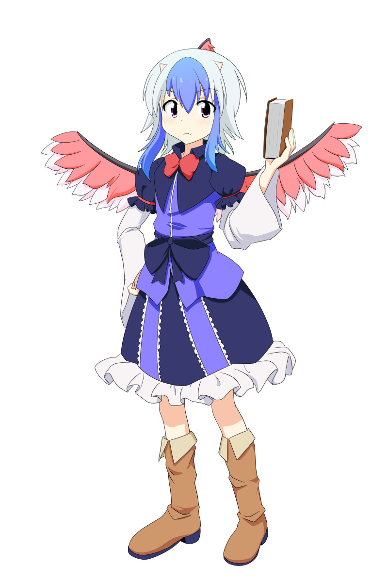 Safebooru - bird wings blue hair book boots bow bowtie capelet cato ...
