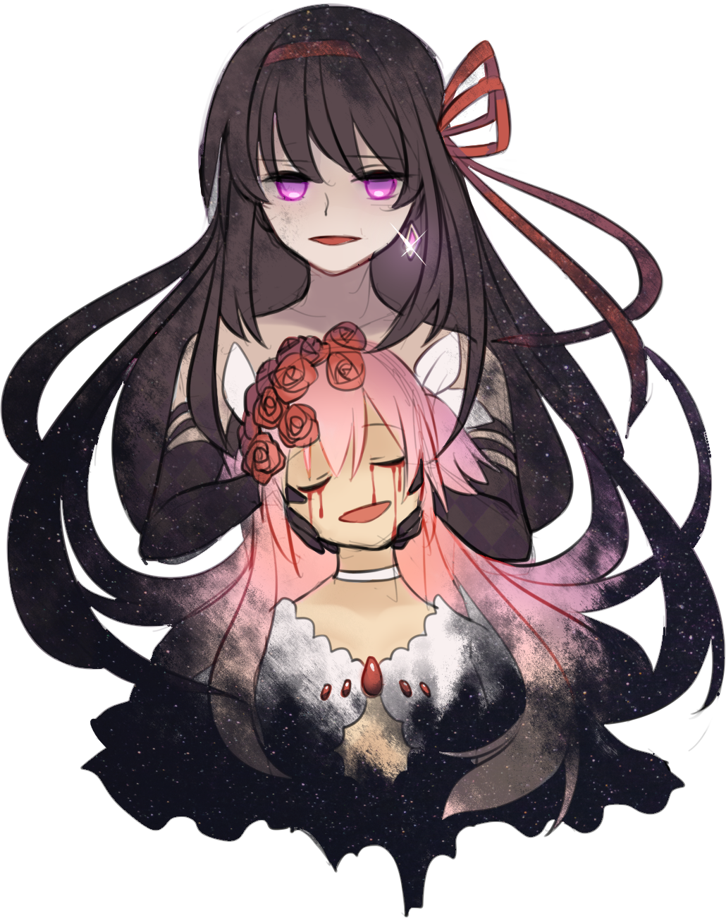 Safebooru - 2girls akemi homura akuma homura bare shoulders black hair blood bloody tears choker ...