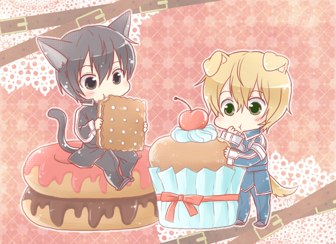 Safebooru - 2boys animal ears black eyes black hair blonde hair cat ears cracker cupcake dog ...