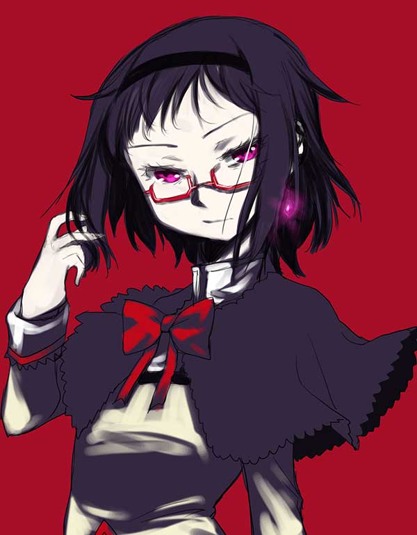 Safebooru - 1girl akemi homura alternate hairstyle black hair bow earrings glasses hairband ...