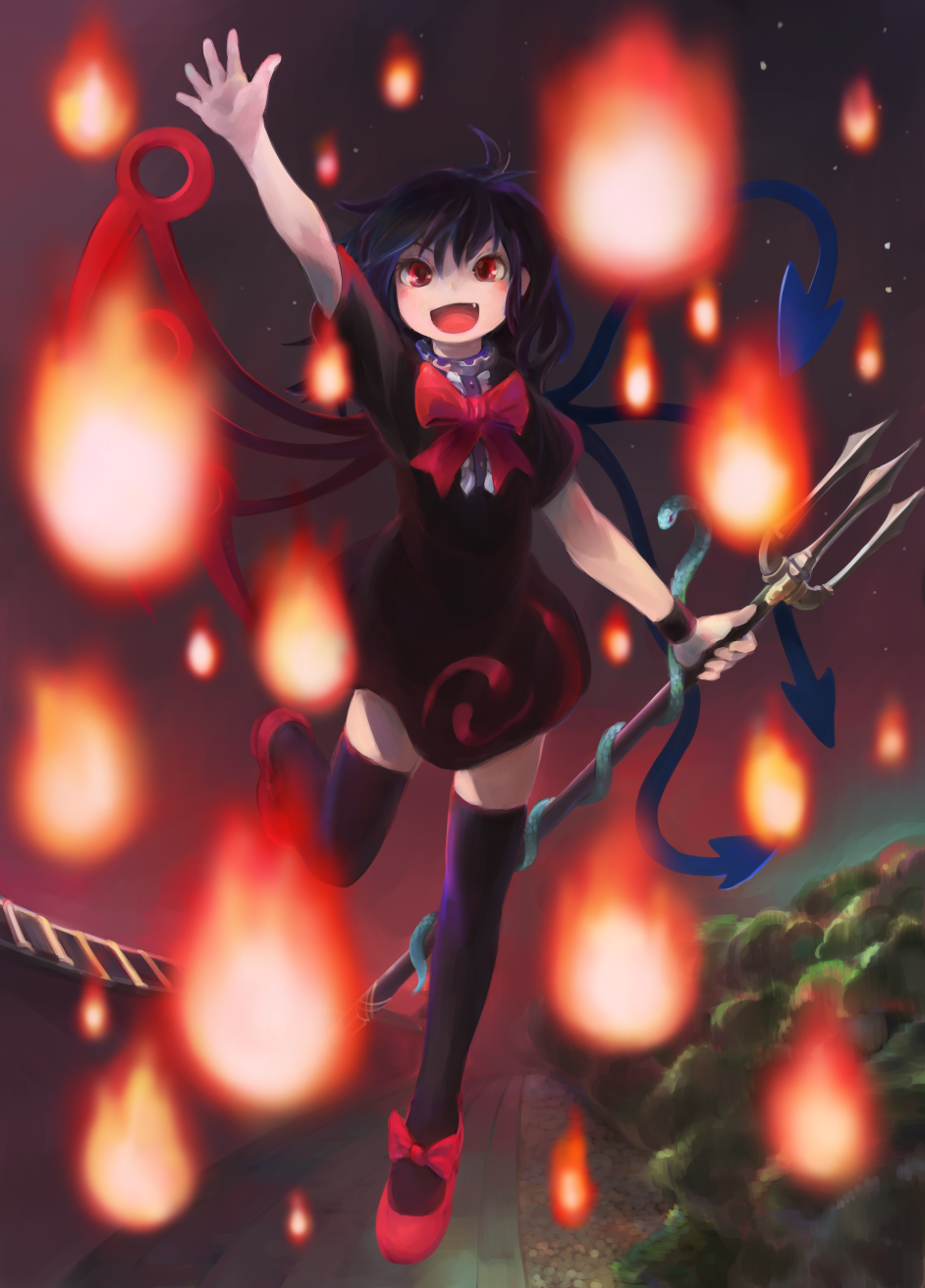 Safebooru - 1girl arm up asymmetrical wings black hair black legwear bow dress fang fire highres ...