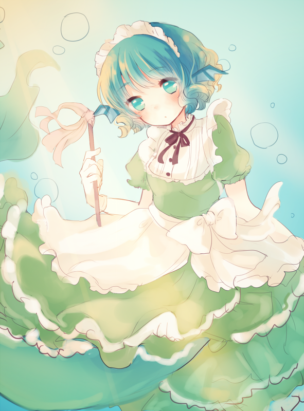 Safebooru - 1girl :o alternate costume aqua eyes blue eyes blue hair blush bubble curly hair ...