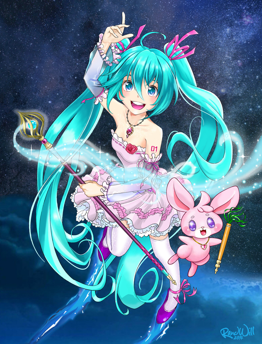 Safebooru - 1girl ahoge aqua eyes aqua hair arm up artist name detached sleeves hair ribbon ...