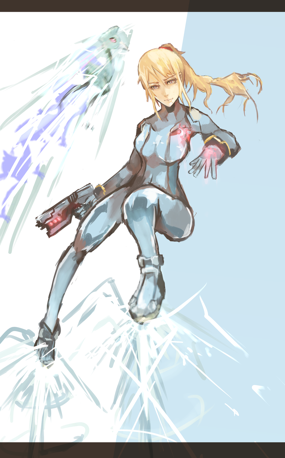 Safebooru - 1girl baketsu blonde hair blue eyes bodysuit gun highres letterboxed long hair ...