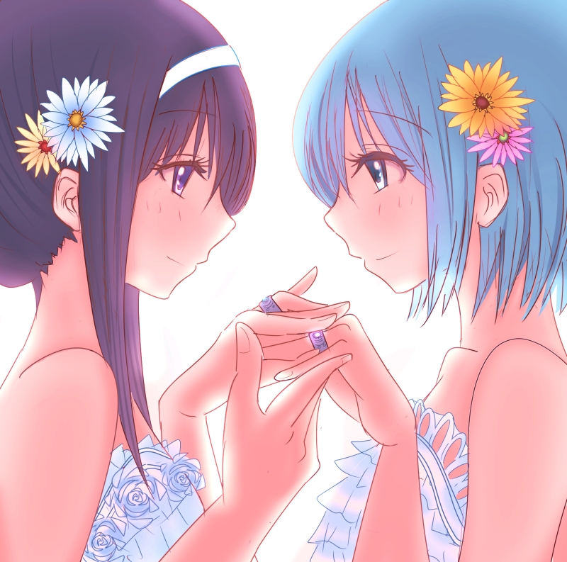 Safebooru - 2girls akemi homura alternate hairstyle black hair blue eyes blue hair dress eye ...