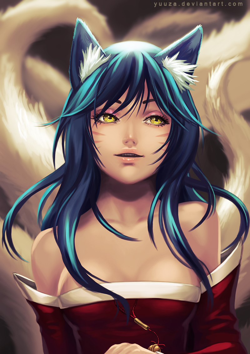 Safebooru - 1girl ahri animal ears bare shoulders blue hair breasts cleavage detached sleeves ...
