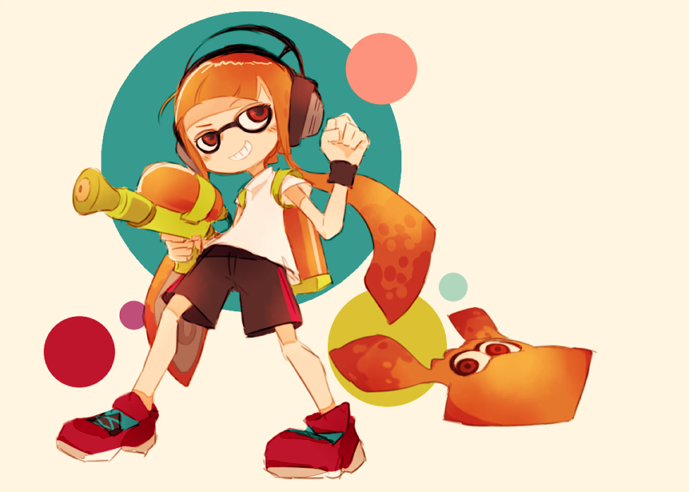 Safebooru - grin gun headphones inkling long hair nasamuto orange eyes ...