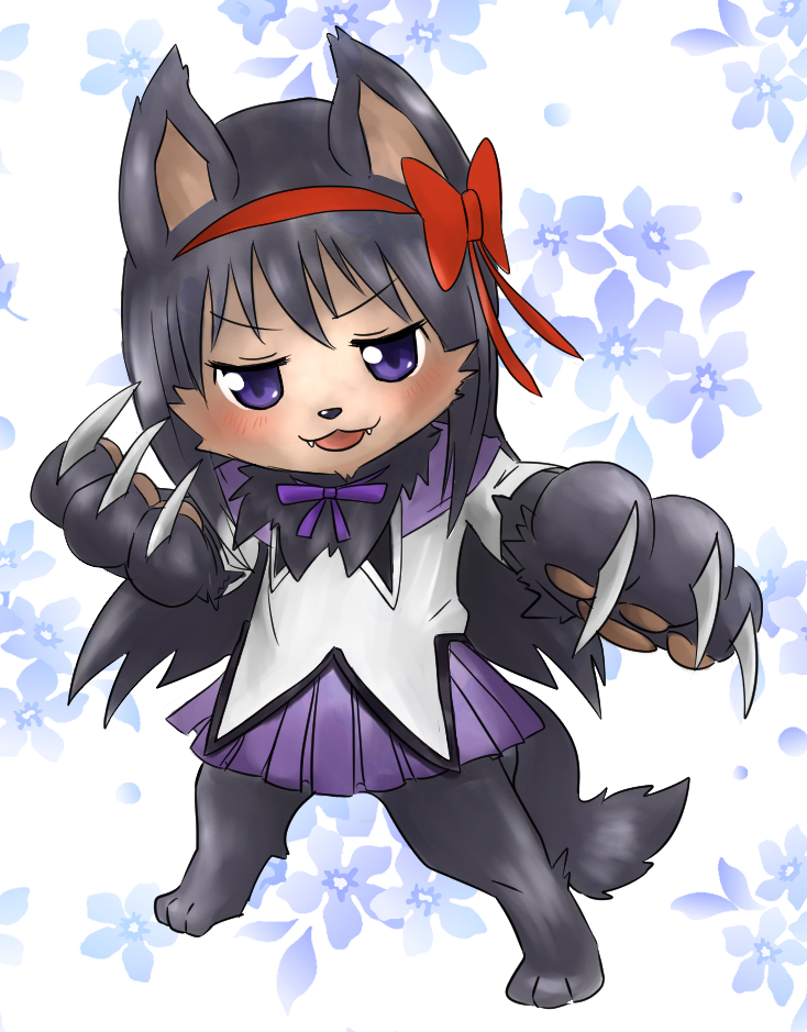 Safebooru - 1girl akemi homura animal ears animalization black hair bow cat ears cat paws claws ...